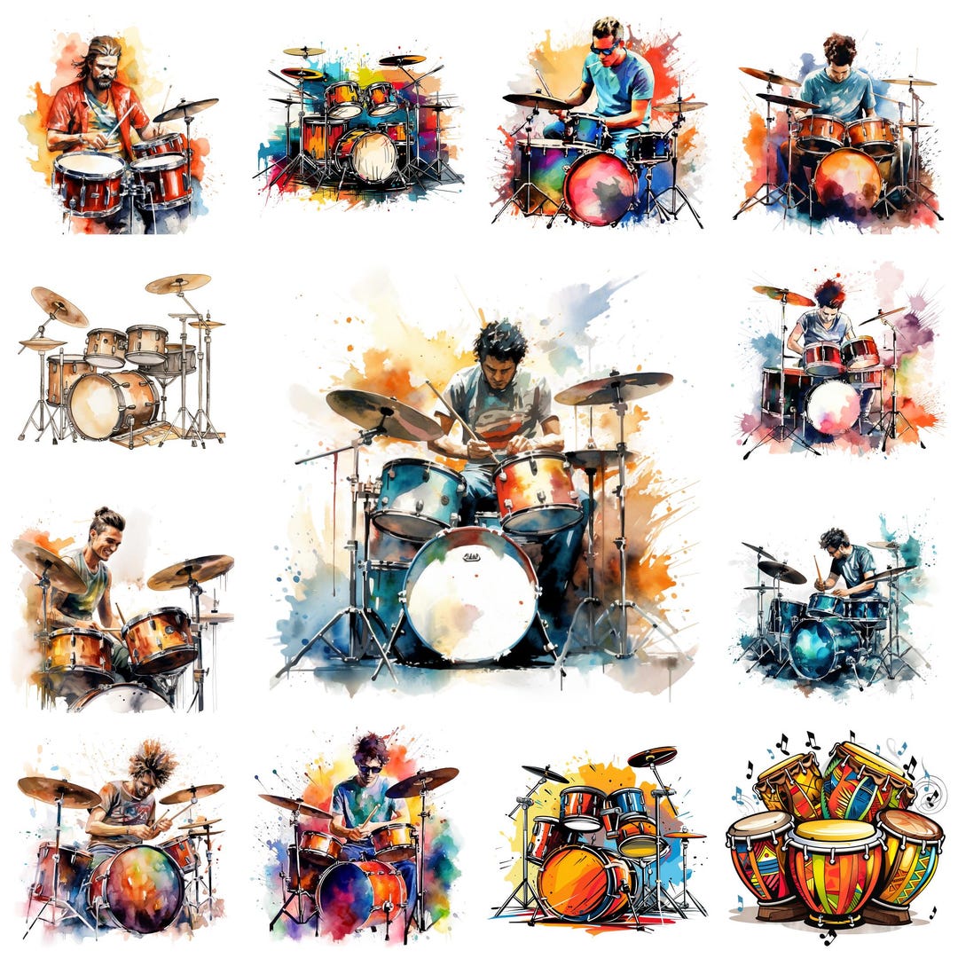 36 Drum Set PNG Clipart Bundle, Watercolor Drummer Dynamic Pose Images ...