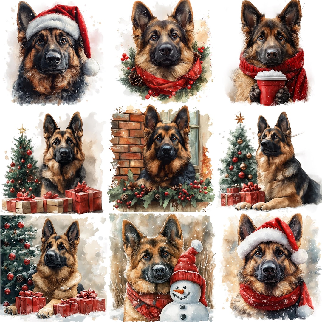 35 Christmas German Shepherd Dog PNG Clipart Bundle, Watercolor Xmas ...
