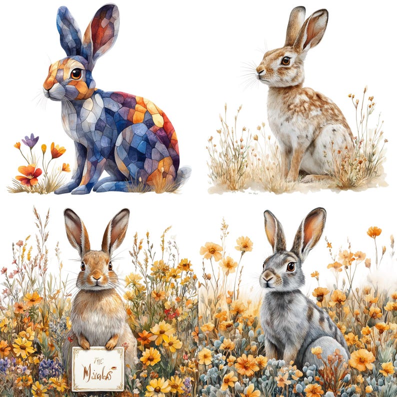34 Jackrabbit PNG Clipart Bundle, Watercolor Floral Jackrabbit Scenery ...