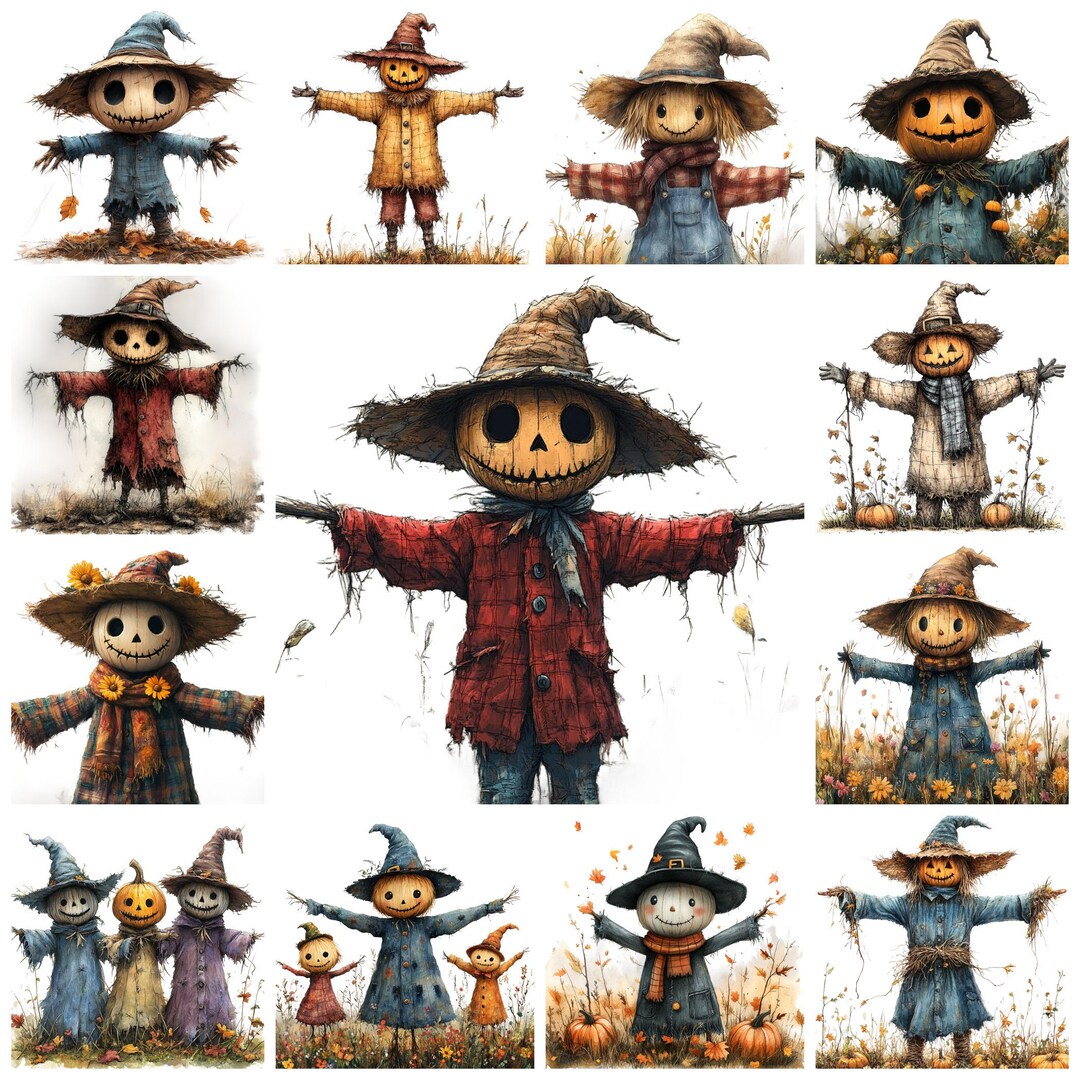 38 Quirky Scarecrow PNG Clipart Bundle, Watercolor Whimsical Scarecrow ...