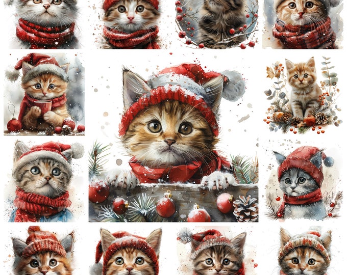 39 Christmas Kitten PNG Clipart, Watercolor Adorable Christmas Costume ...