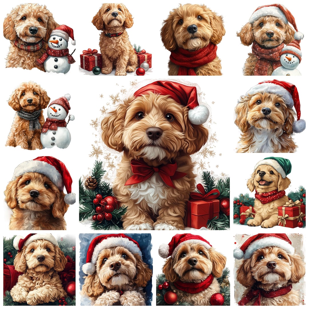 43 Christmas Golden Doodle Clipart PNG Bundle, Watercolor Festive ...