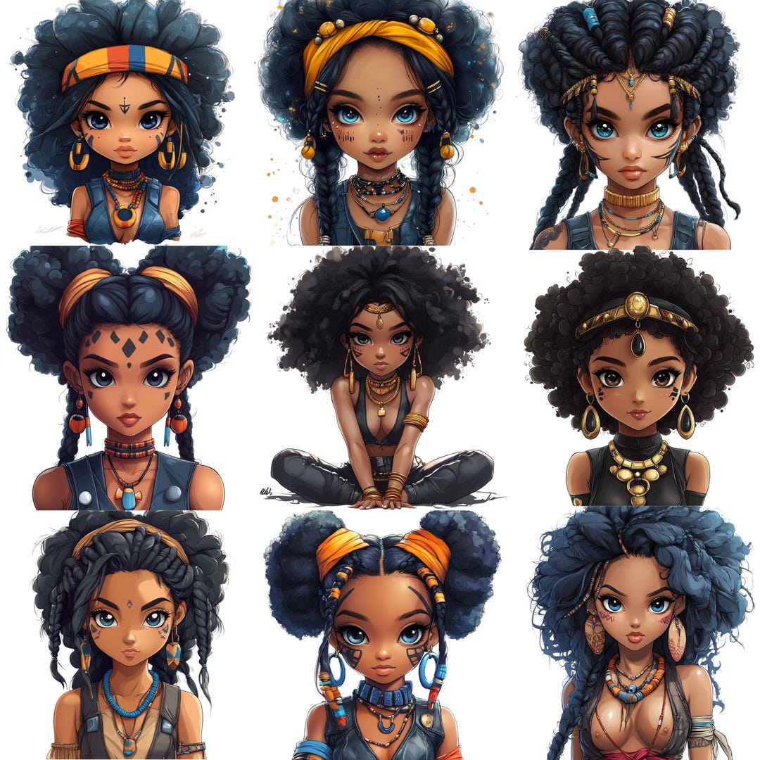 Chibi Black Girl PNG Bold Afro, Tribal Face Paint & Leather Vest ...