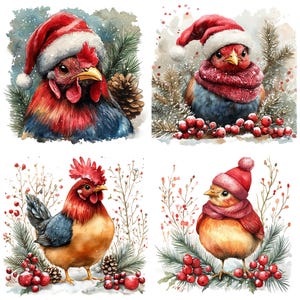 32 Christmas Chicken PNG Clipart Bundle, Watercolor Xmas Chicken ...