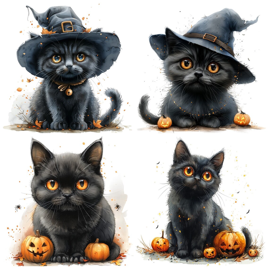 45 Halloween Black Cat PNG Clipart, Watercolor Spooky Cat Transparent ...