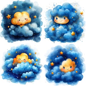 Cute Cloud With Stars PNG Clipart Bundle, Watercolor Cute Baby Shower ...