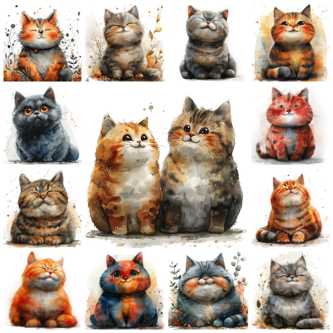 37 Chubby Cat PNG Clipart, Watercolor Adorable Chubby Cat Images, Cute ...