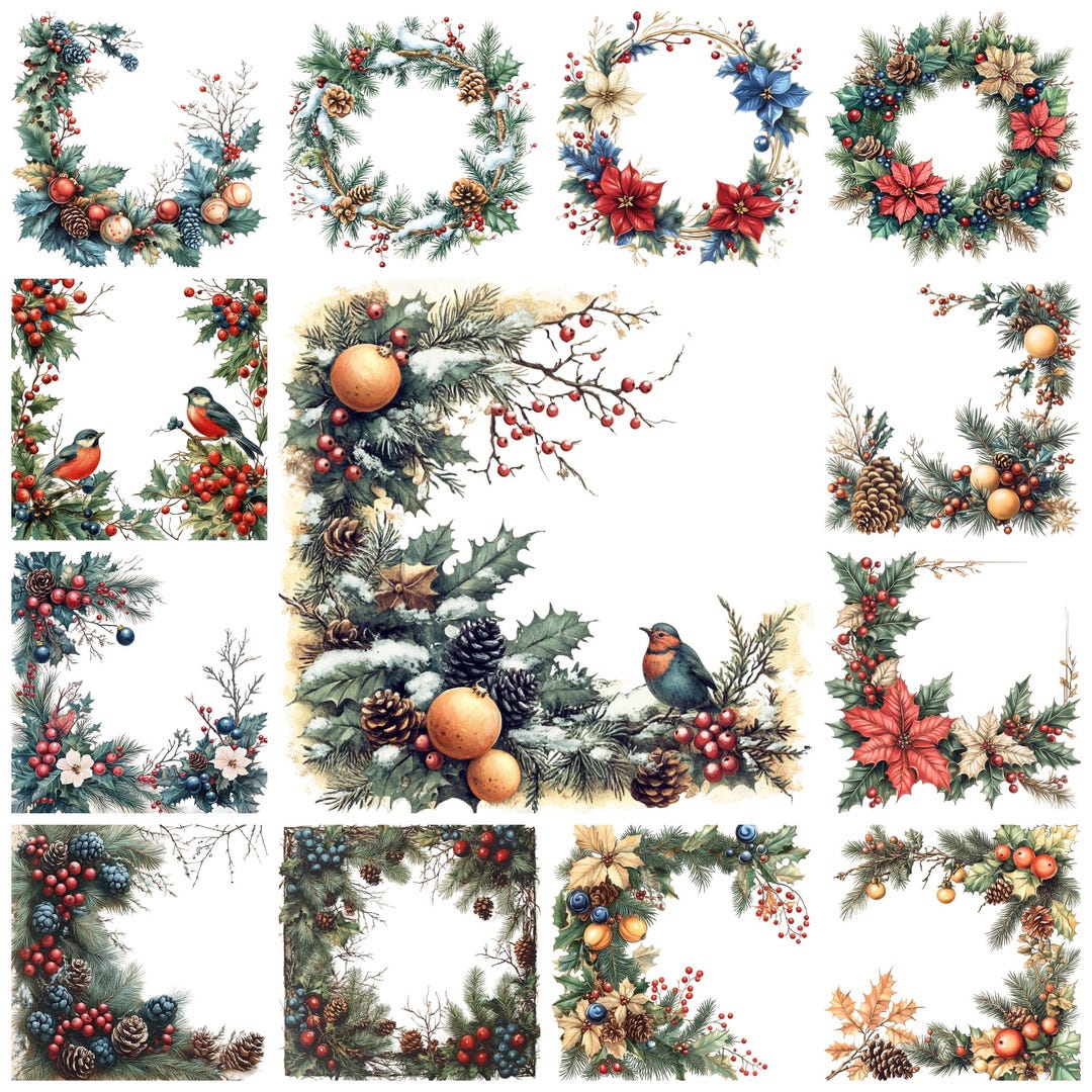 31 Vintage Christmas Wreath Border PNG Bundle, Festive Pine Retro ...