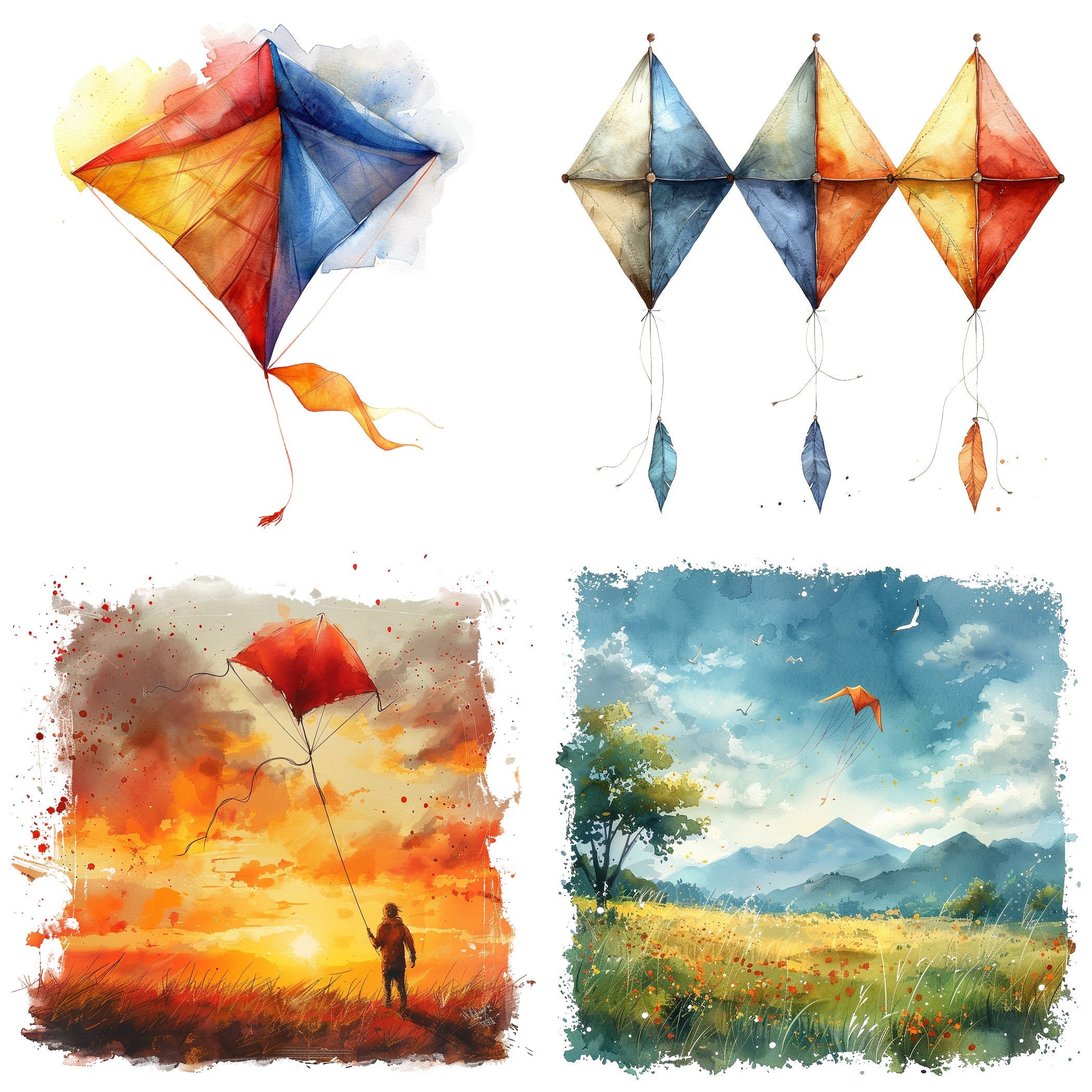Watercolor 34 Kite PNG Clipart, Kite Flying Scenery Transparent ...