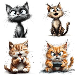 30 Quirky Cat PNG Clipart Bundle, Whimsical Kitten Illustration, Funny ...