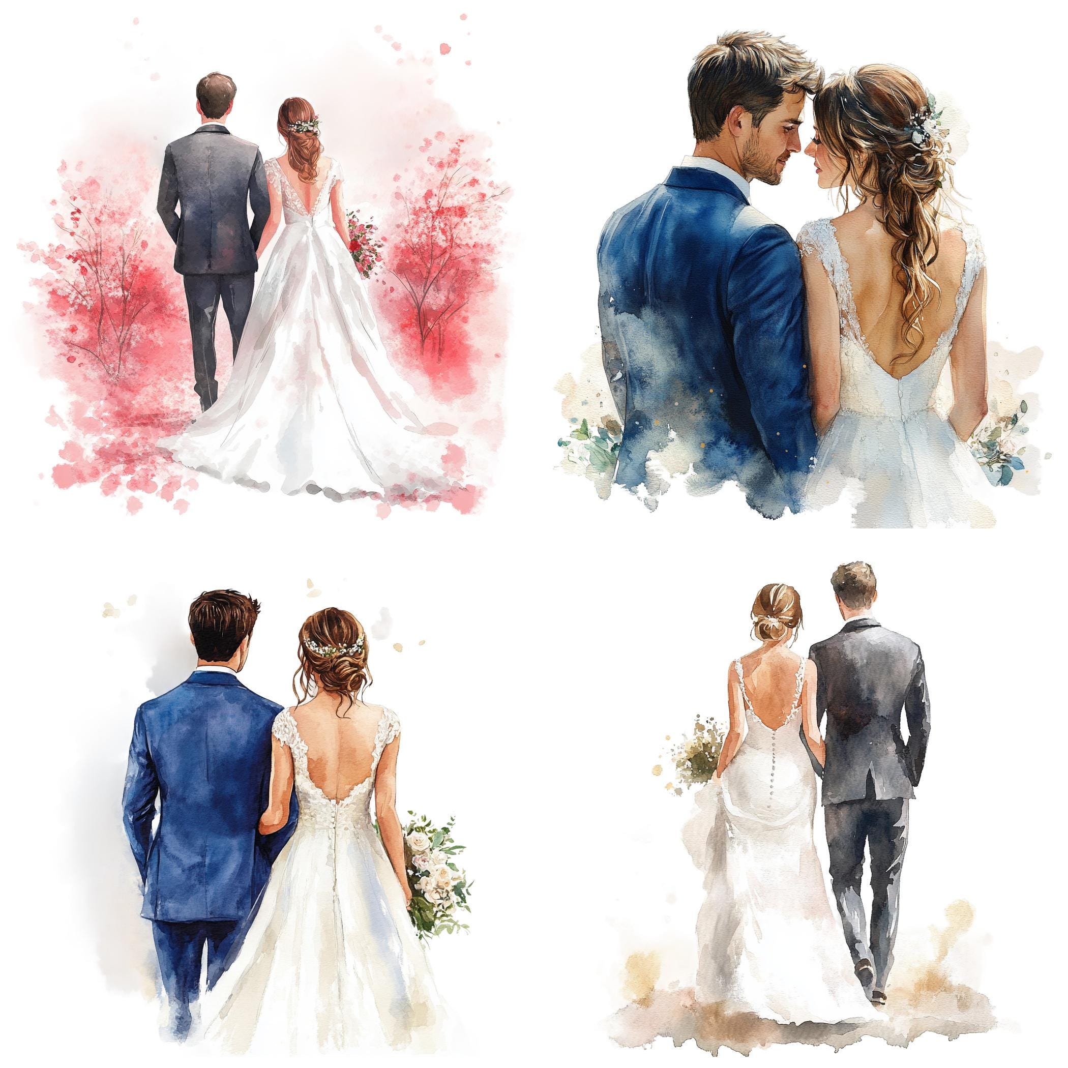 42 Bride and Groom Back PNG Clipart Bundle, Watercolor Romantic Wedding ...
