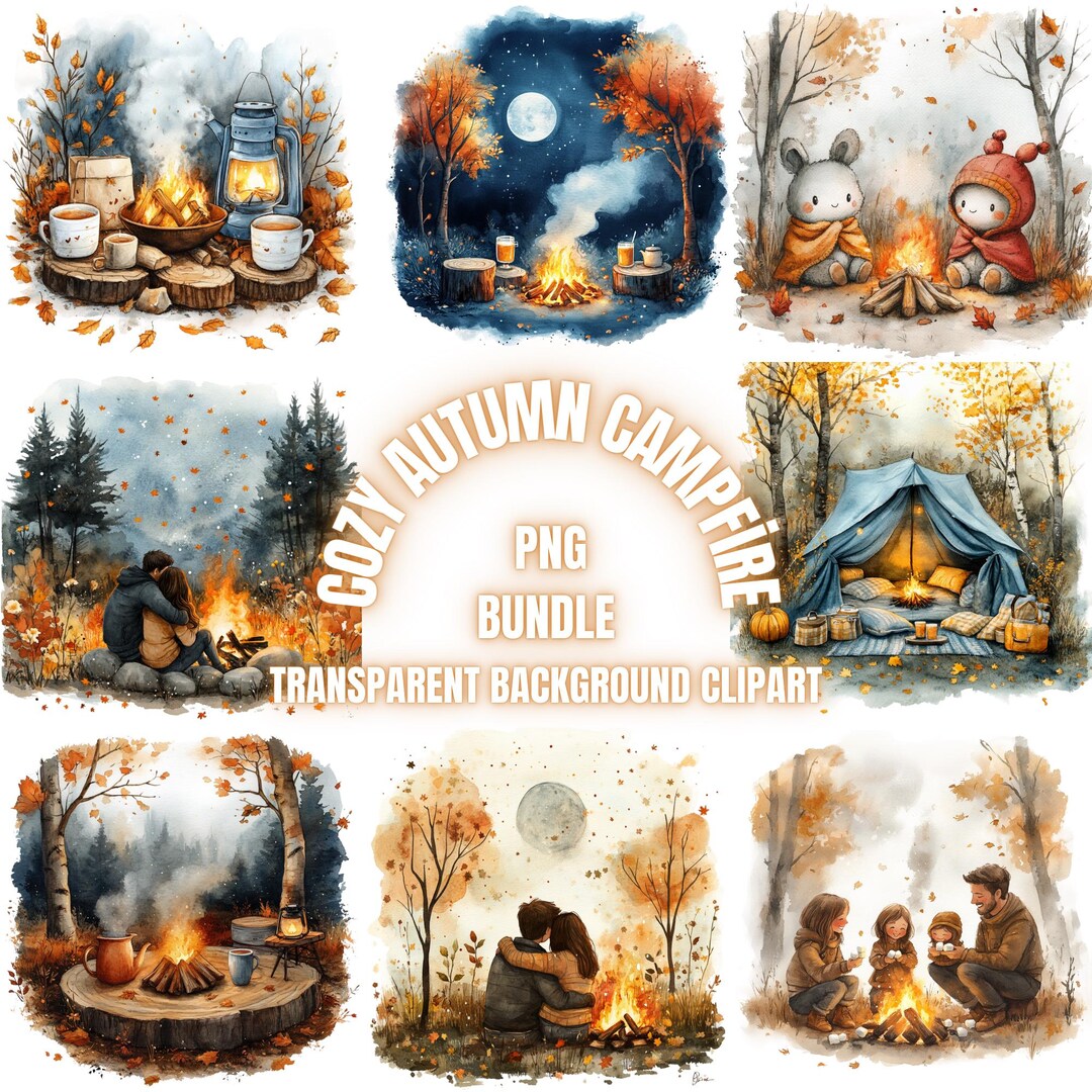 Autumn Cozy Campfire Scenery PNG Clipart Bundle, Watercolor Fall Season ...