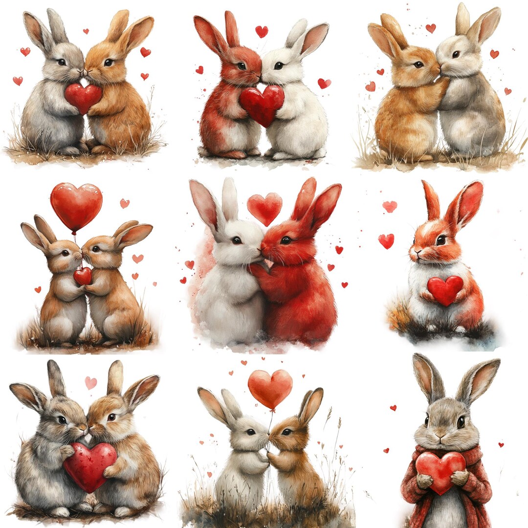 Valentine's Day Bunny PNG Clipart Bundle, Watercolor Valentine's Day ...