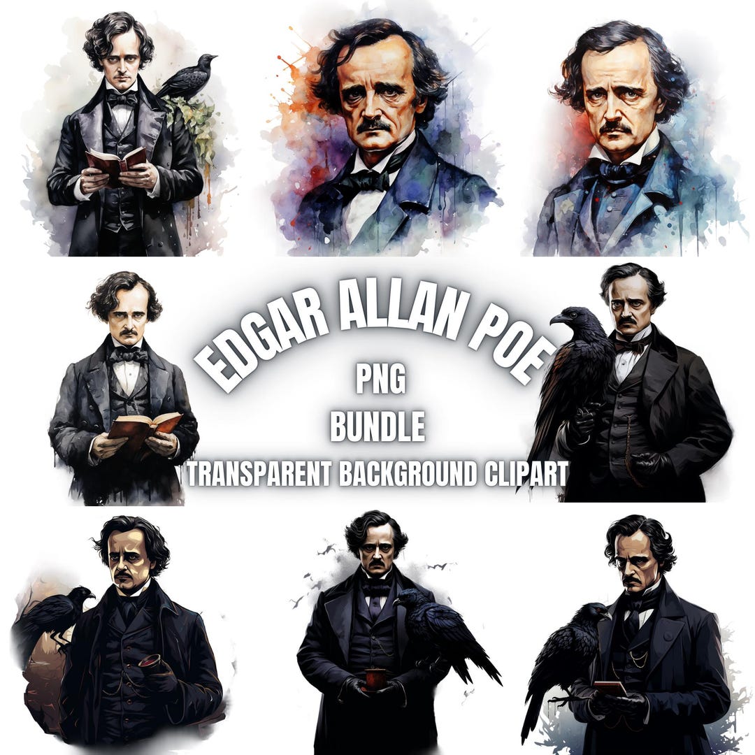 Edgar Allan Poe PNG Clipart Bundle, Watercolor Edgar Allan Poe Gothic ...