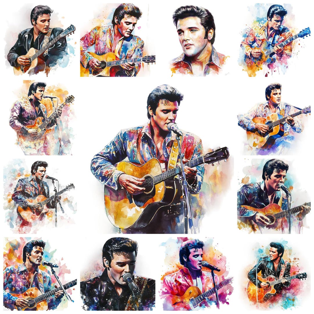 36 Elvis Presley PNG Clipart Bundle, Watercolor Elvis Legend King of ...