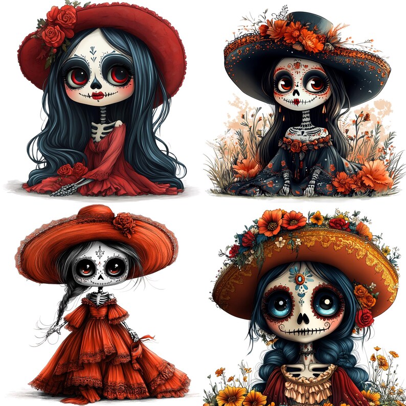 Paquete de 40 imágenes prediseñadas PNG de La Catrina Chibi ...
