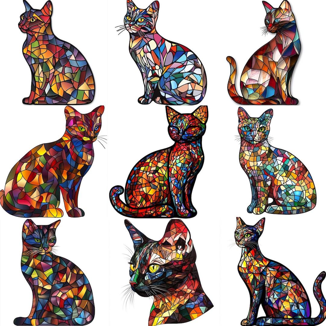 40 Stained Glass Cat PNG Clipart, Watercolor Stained Glass Kitten ...