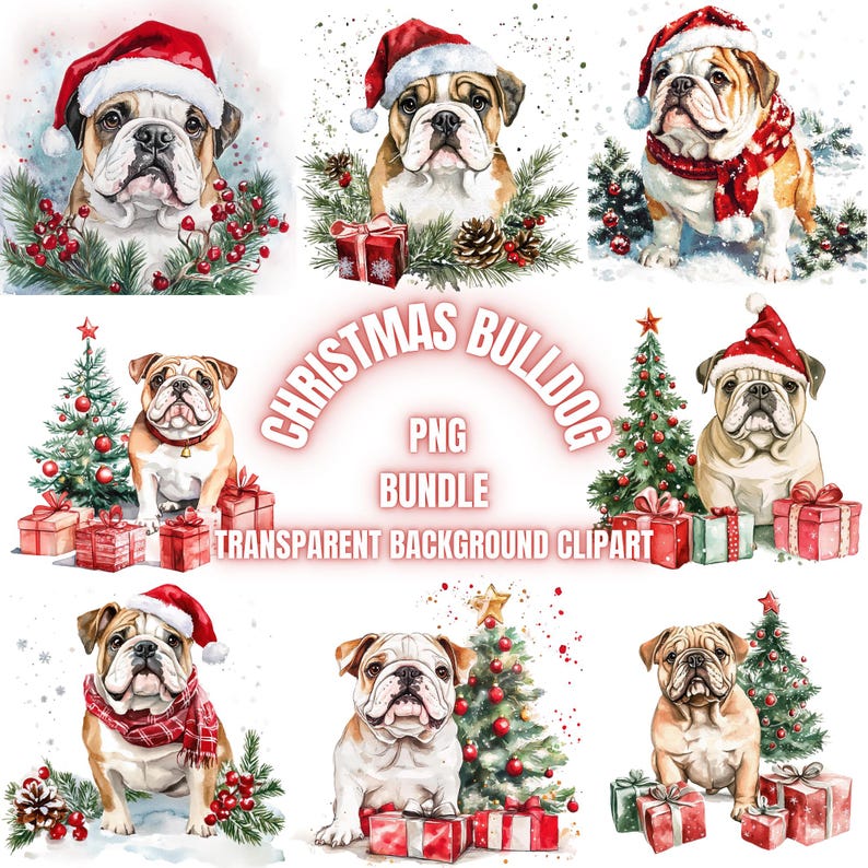 Paquete de 34 imágenes prediseñadas de bulldog navideño, ilustración ...