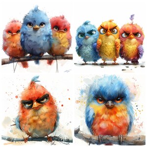 40 Grumpy Birds PNG Clipart, Watercolor Moody Bird Illustration ...