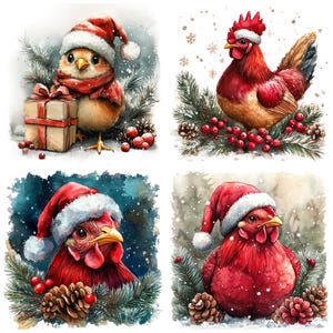 32 Christmas Chicken PNG Clipart Bundle, Watercolor Xmas Chicken ...