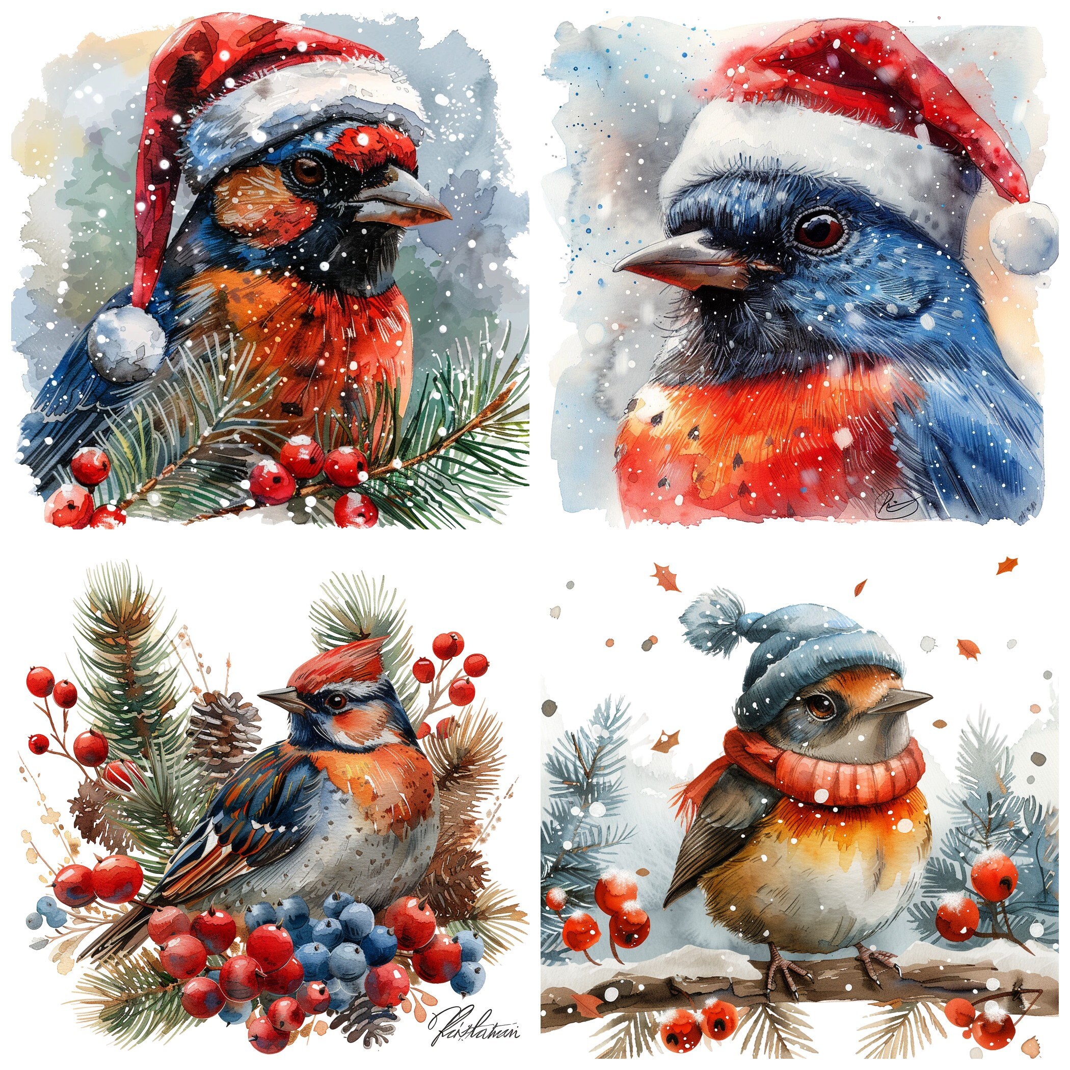 52 Christmas Bird PNG Clipart Bunlde, Watercolor Xmas Bird Transparent ...