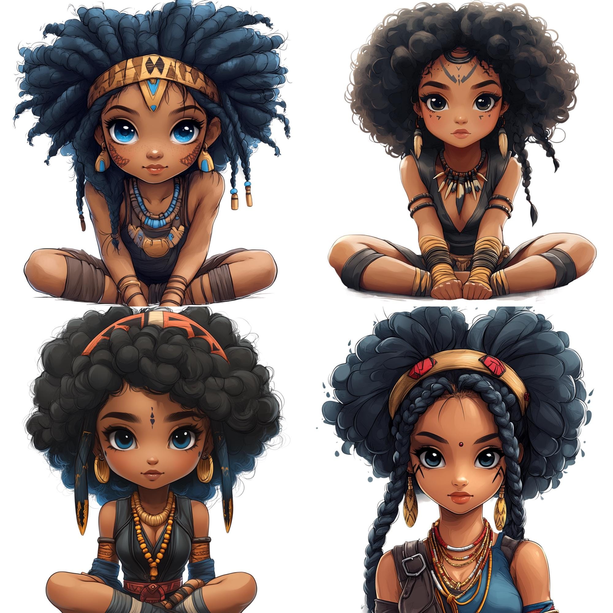 Chibi Black Girl PNG Bold Afro, Tribal Face Paint & Leather Vest ...