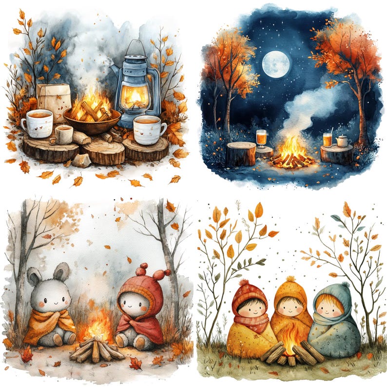 Autumn Cozy Campfire Scenery PNG Clipart Bundle, Watercolor Fall Season ...