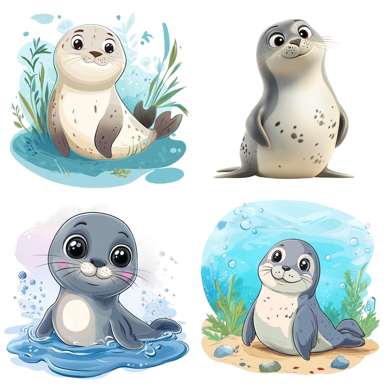 Cartoon Seal Clipart Bundle, Playful Baby Seal PNG (commercial Use) - Etsy