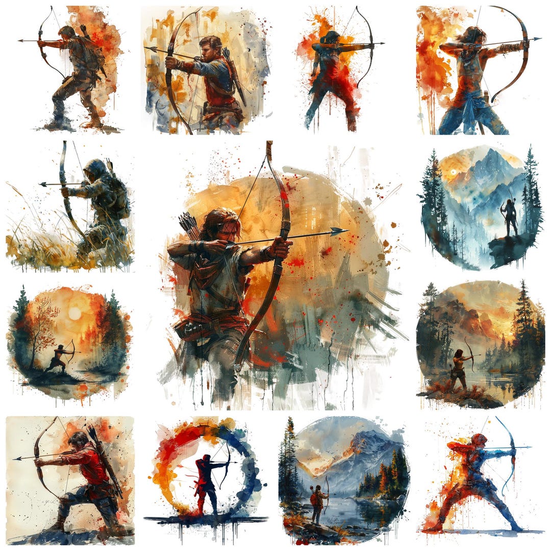42 Watercolor Archery PNG Clipart Bundle: Artistic Bow and Arrow Design ...