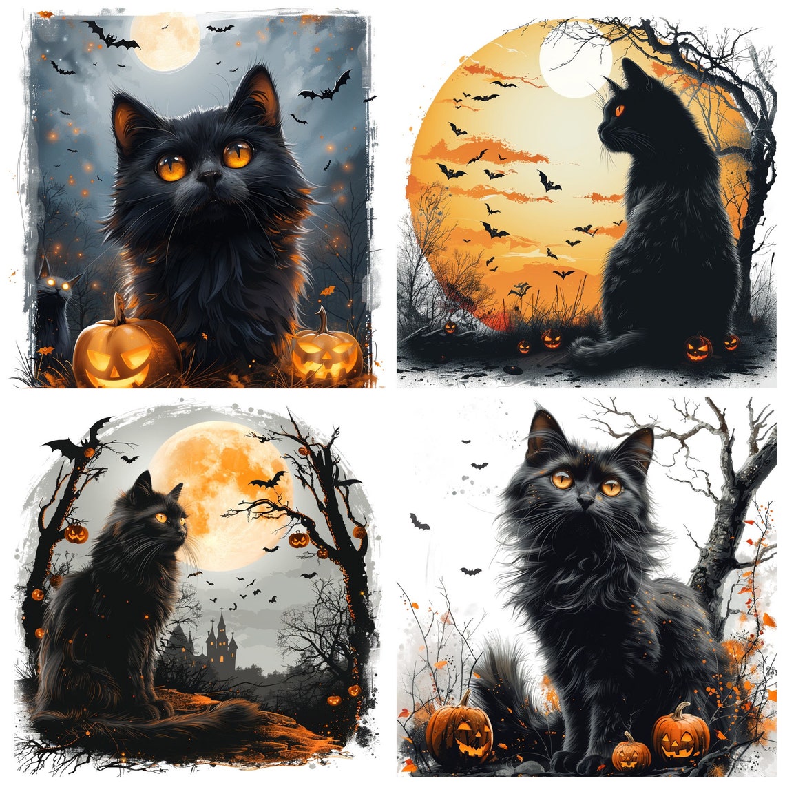 45 Halloween Black Cat PNG Clipart, Watercolor Spooky Cat Transparent ...