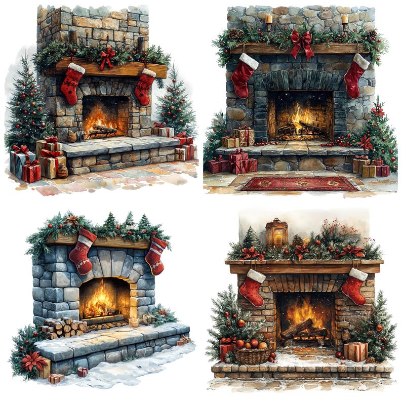 22 Fireplace and Stocking PNG Clipart Bundle, Watercolor Christmas ...