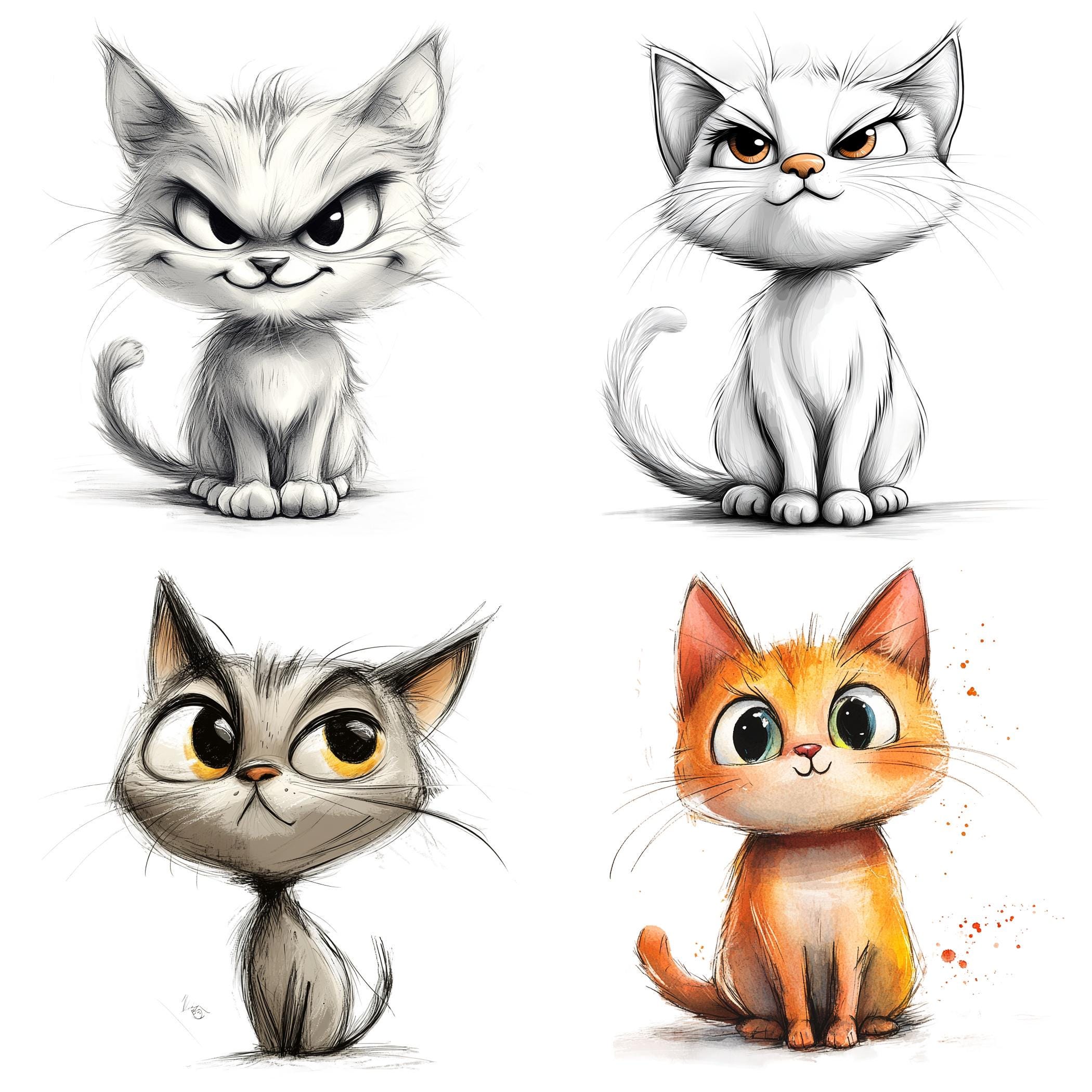 30 Quirky Cat PNG Clipart Bundle, Whimsical Kitten Illustration, Funny ...
