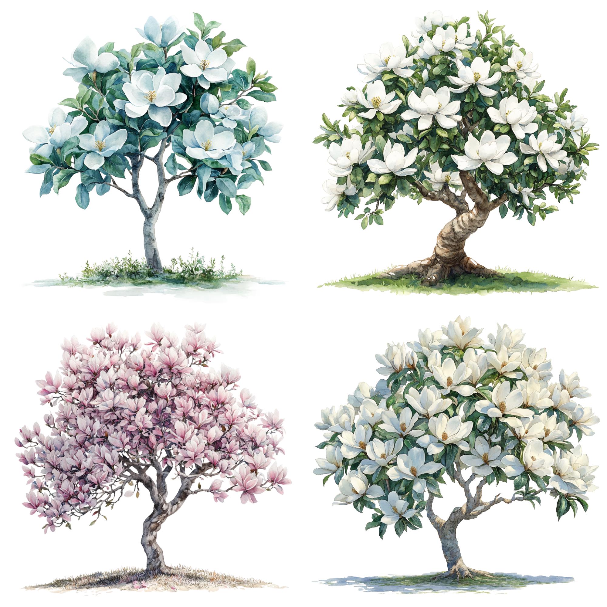 Magnolia Tree PNG Clipart Bundle, Watercolor Magnolia Tree Illustration ...