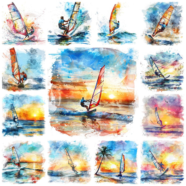 20 Wind Surfing PNG Clipart, Watercolor Windsurfer Scenery Ocean Sport ...