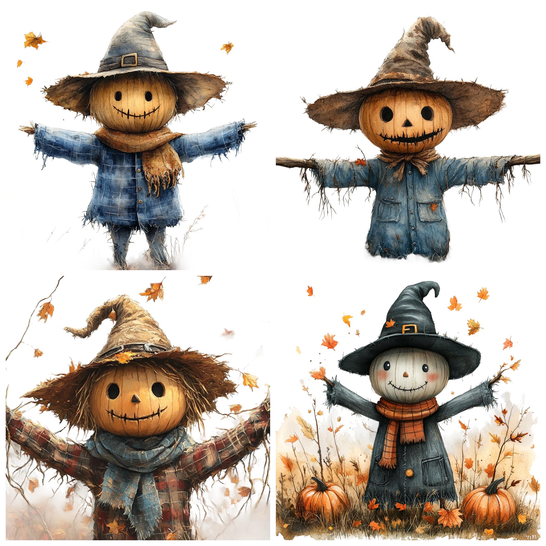 Watercolor Scarecrow PNG Clipart Bundle, Whimsical Harvest Decor ...