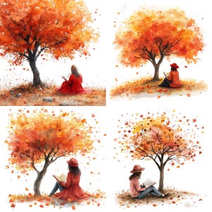 Woman Reading Book Under Autumn Tree PNG Clipart Bundle, Watercolor ...