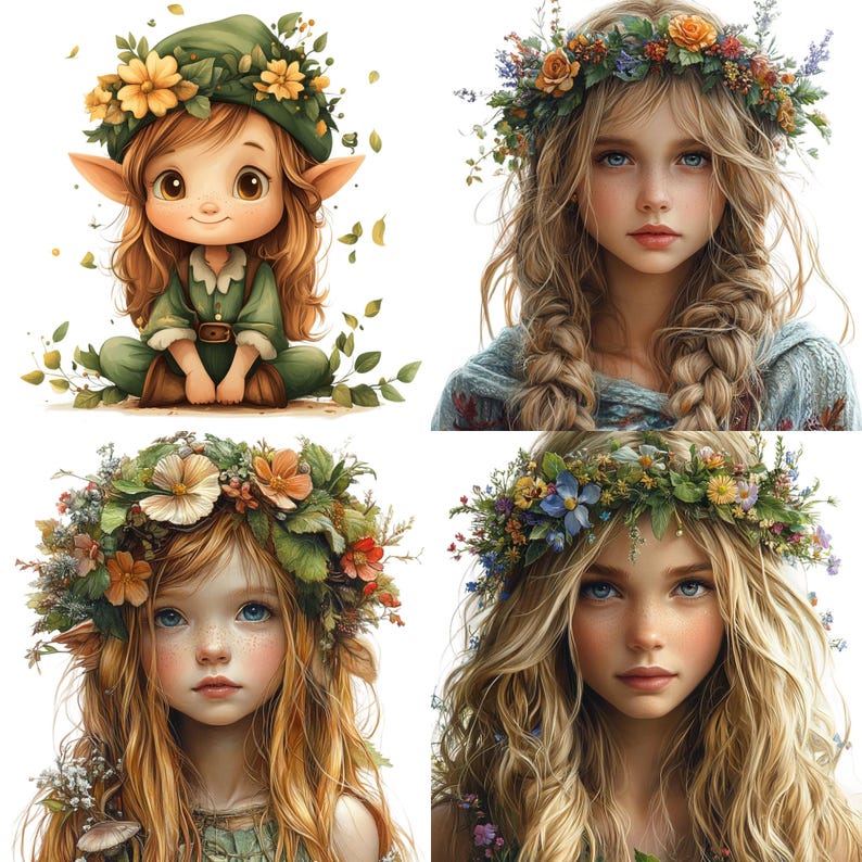 27 Floral Crowned Elf PNG Clipart Bundle, Watercolor Adorable Elf With ...
