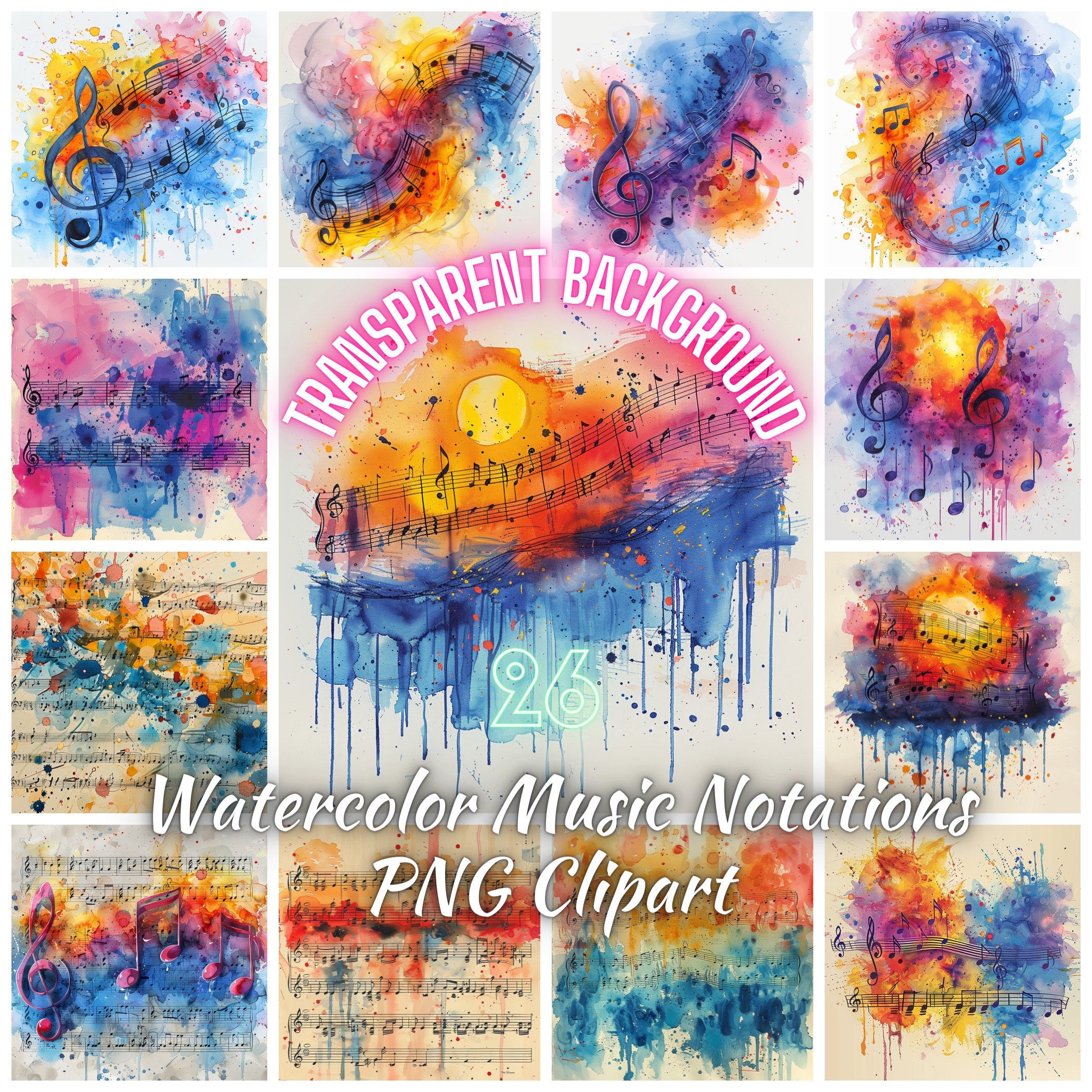 26 Music Notations PNG Clipart, Watercolor Abstract Music Symbol ...
