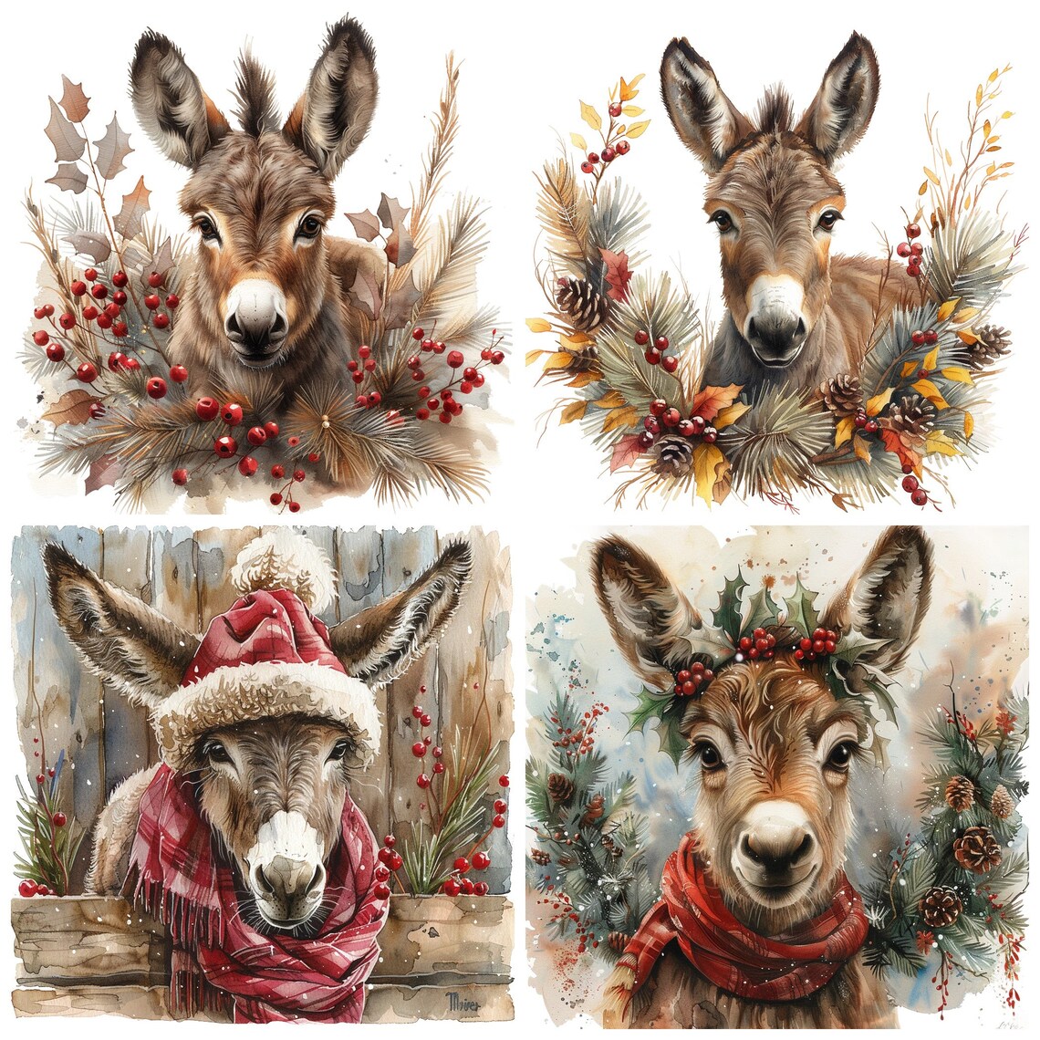 48 Christmas Donkey PNG Clipart, Watercolor Festive Donkey Transparent ...