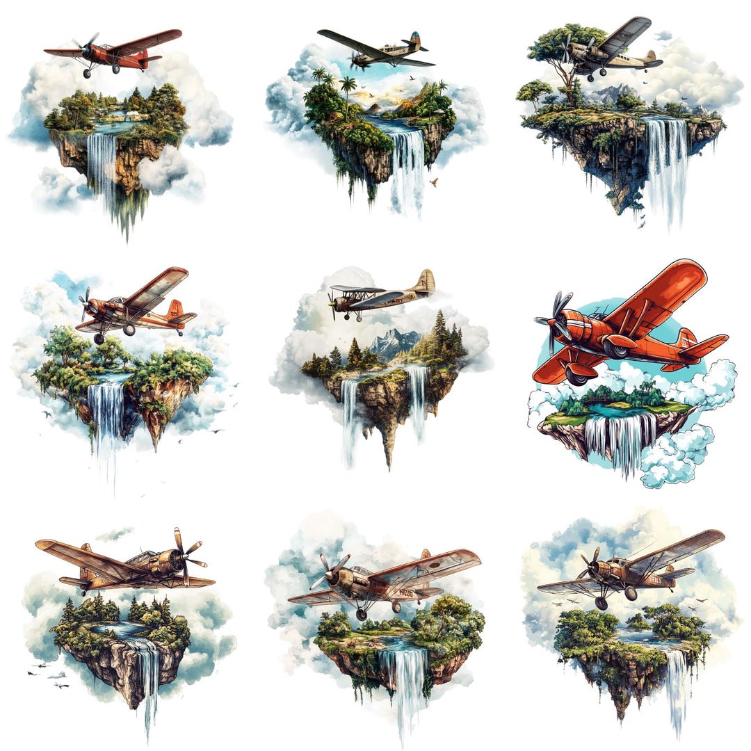 Vintage Propeller Plane Soaring Over Floating Island Waterfalls PNG ...