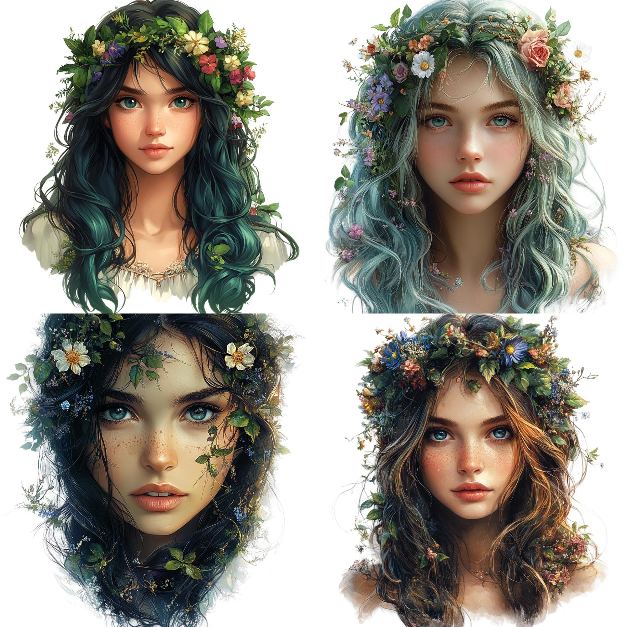 36 Forest Nymph Portrait PNG Clipart Bundle, Watercolor Fantasy ...