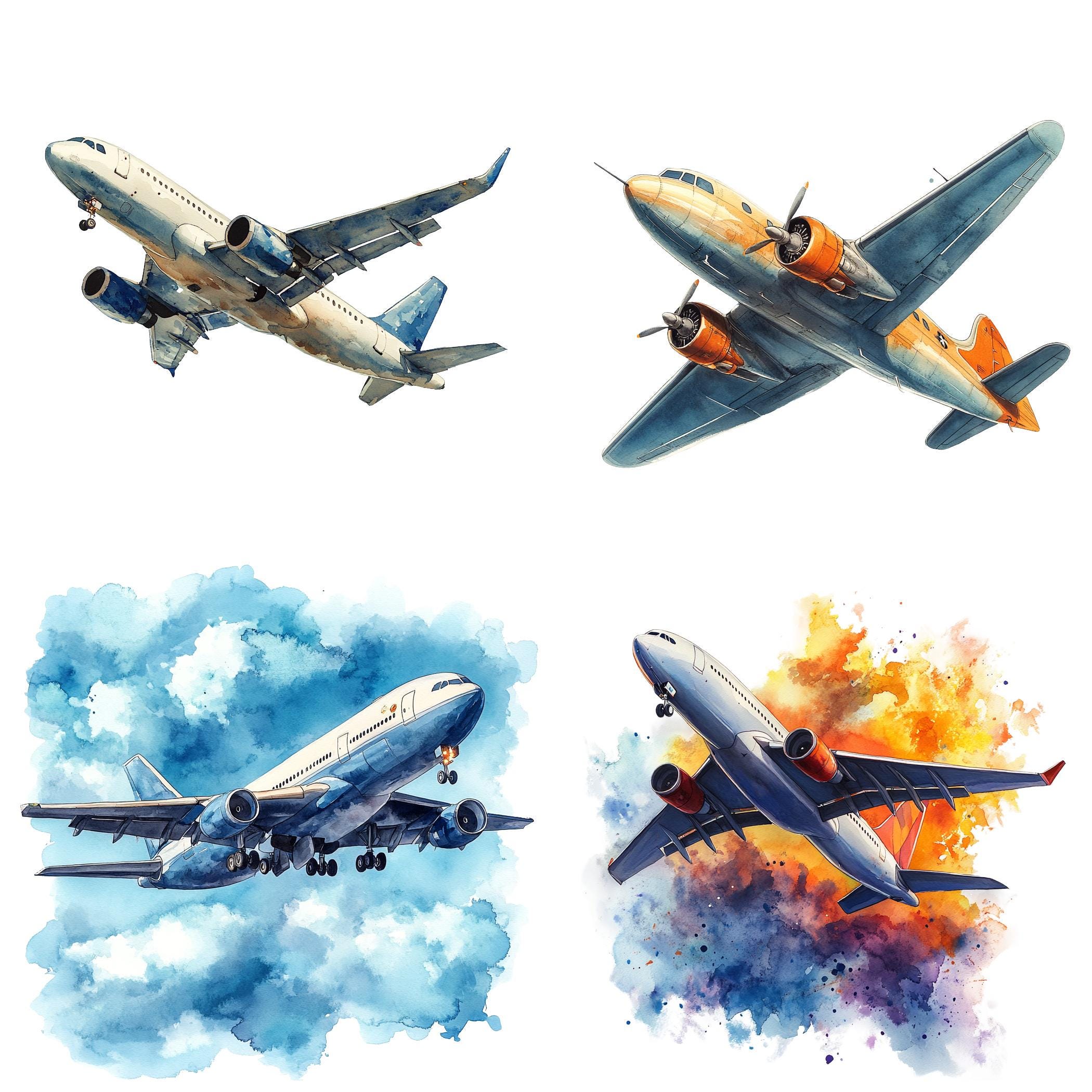 36 Watercolor Plane PNG Clipart Bundle, Passanger Planes Illustration ...