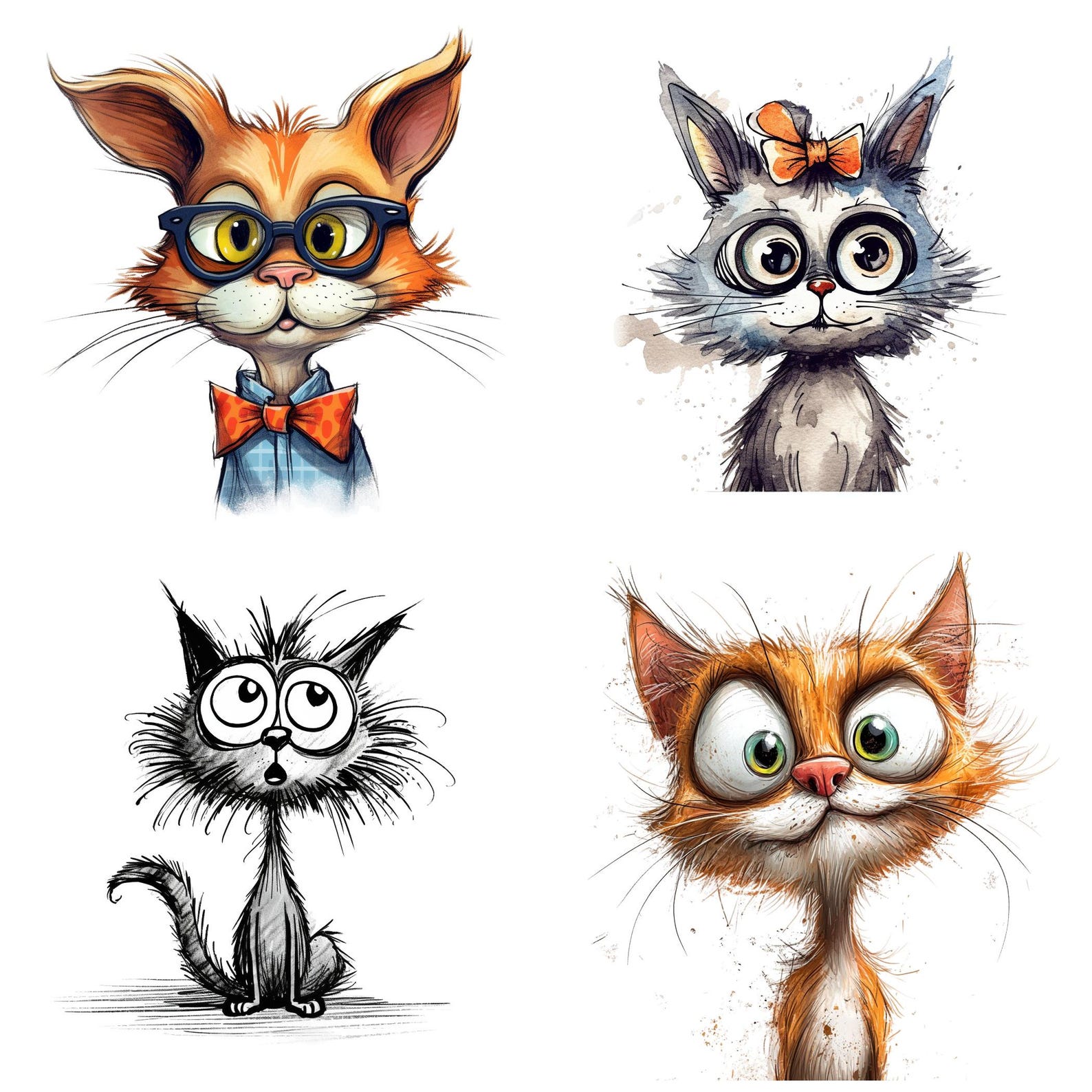 30 Quirky Cat PNG Clipart Bundle, Whimsical Kitten Illustration, Funny ...