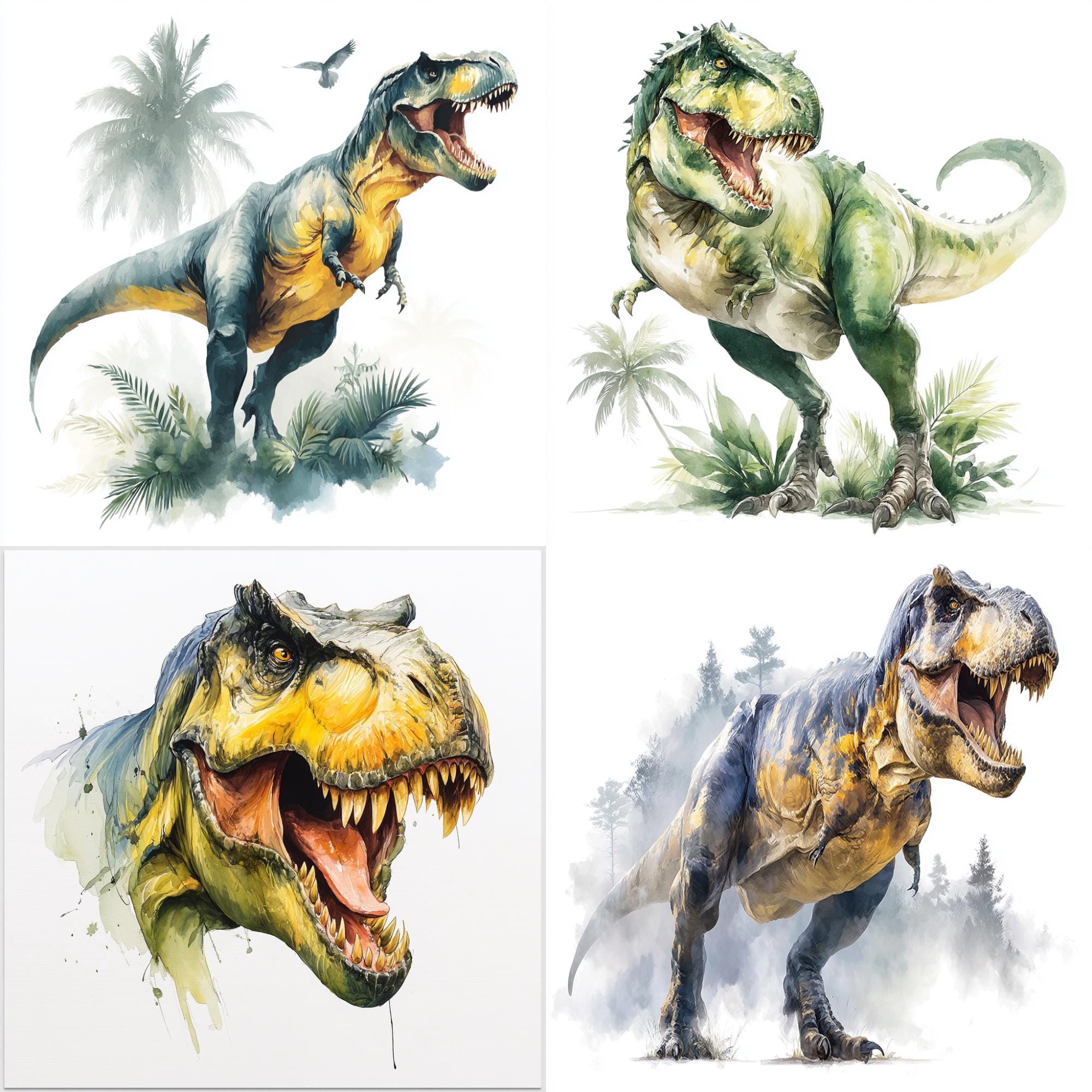 50 T-rex Dinosaurs PNG Clipart Bundle, Watercolor T - Rex Jurassic Park ...