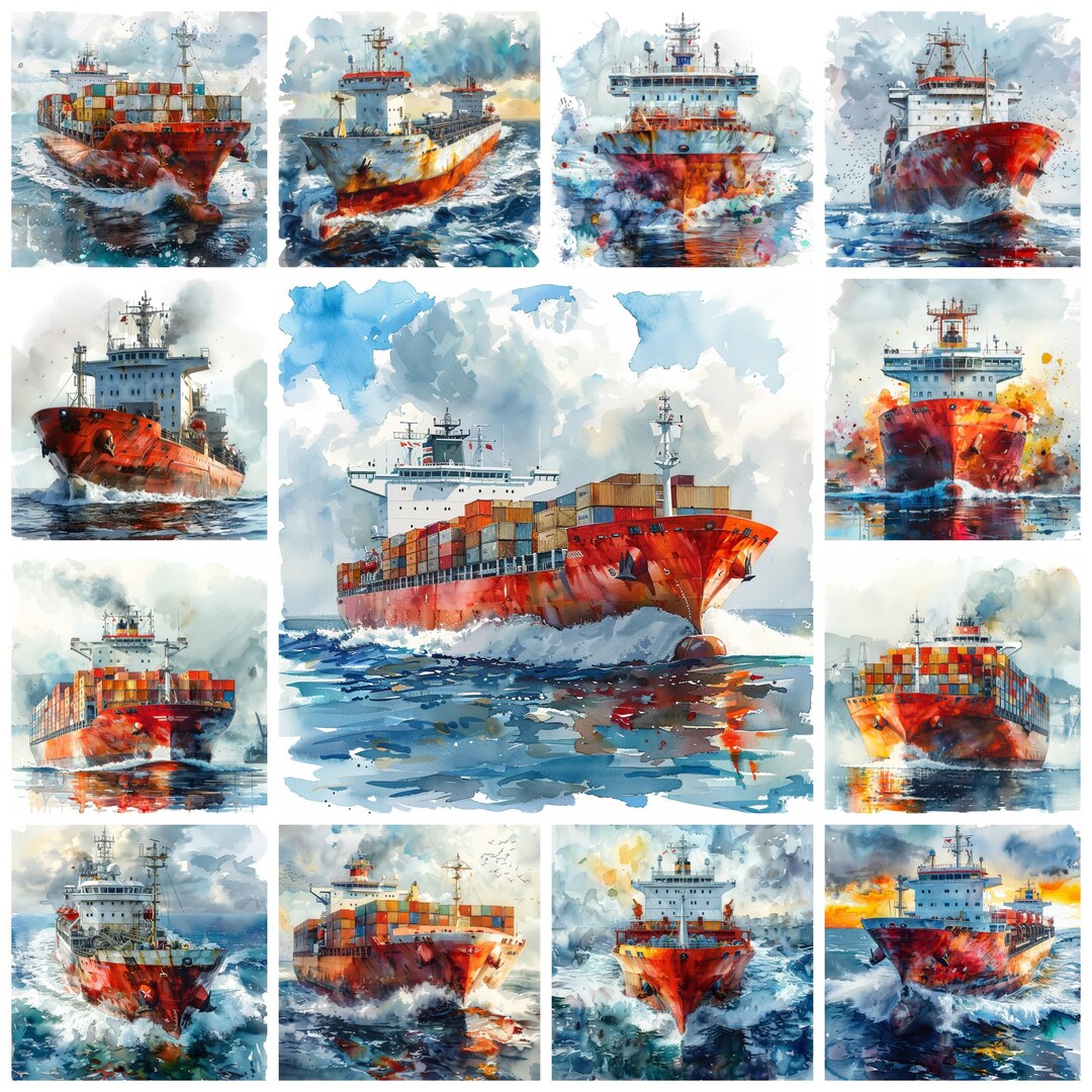 44 Watercolor Cargo Ship PNG Clipart Bundle: Freighter Nautical-themed ...