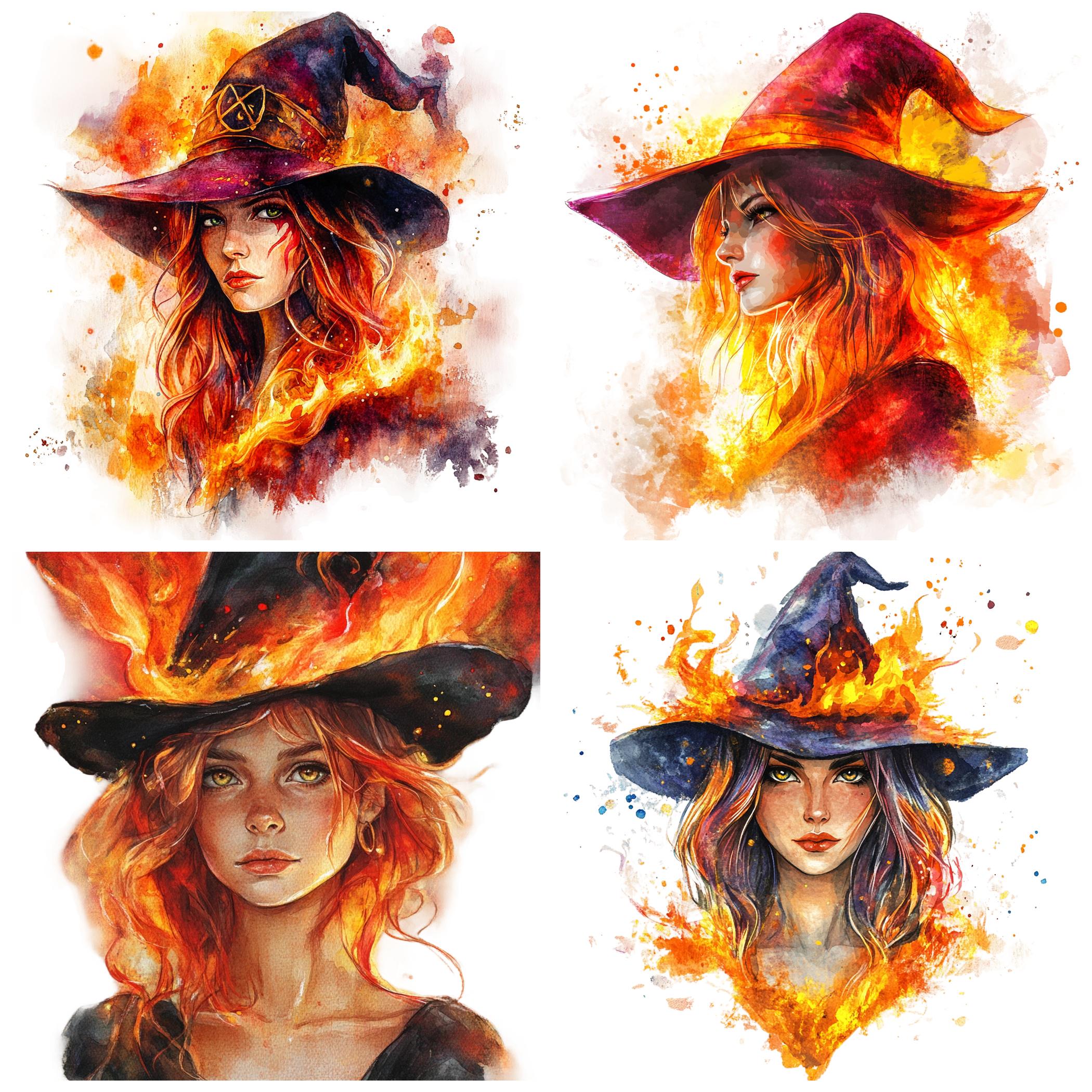 44 Fire Witch Clipart PNG Bundle, Watercolor Flaming Witchcraft ...