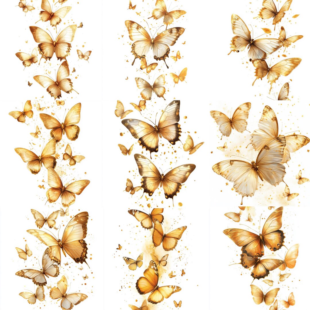 30 Gold Butterfly Swarm PNG Clipart Bundle, Watercolor Adorable ...