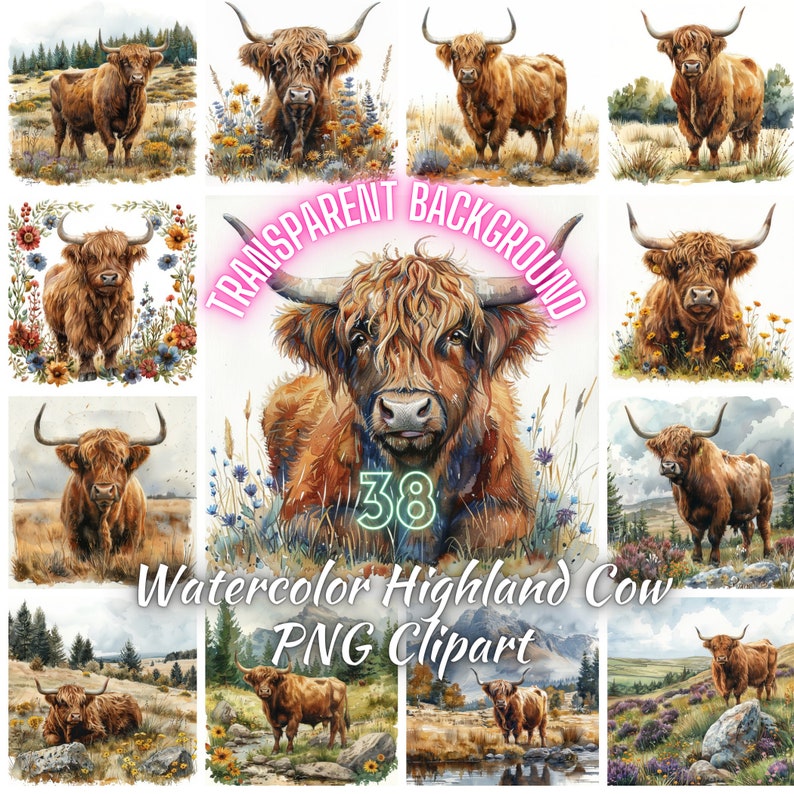 38 Highland Cow PNG Clipart, Watercolor Scottish Highland Cow Scenery ...