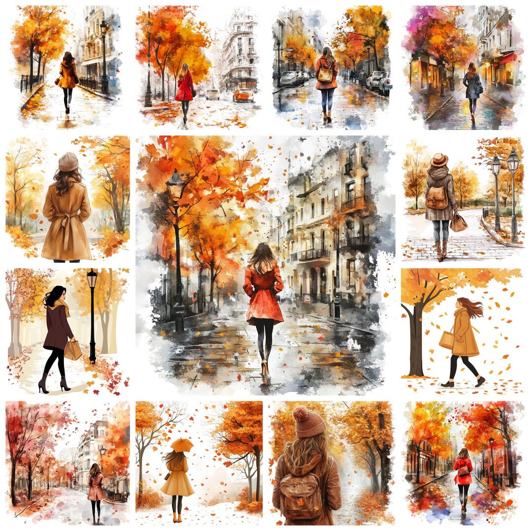 47 Woman on Street Autumn Themed PNG Clipart Bundle, Watercolor Fall ...