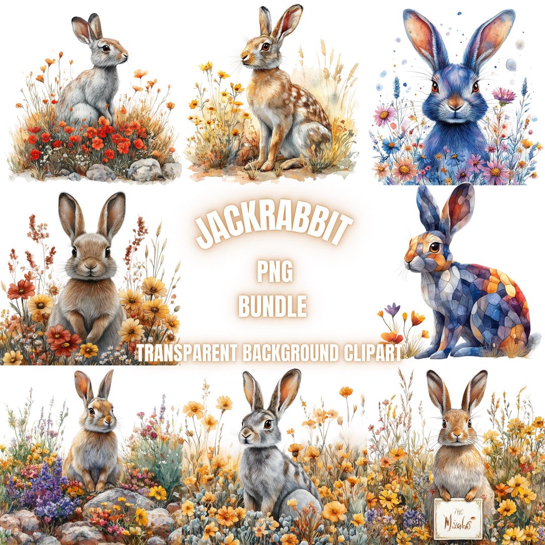 34 Jackrabbit PNG Clipart Bundle, Watercolor Floral Jackrabbit Scenery Illustration, Rabbit ...